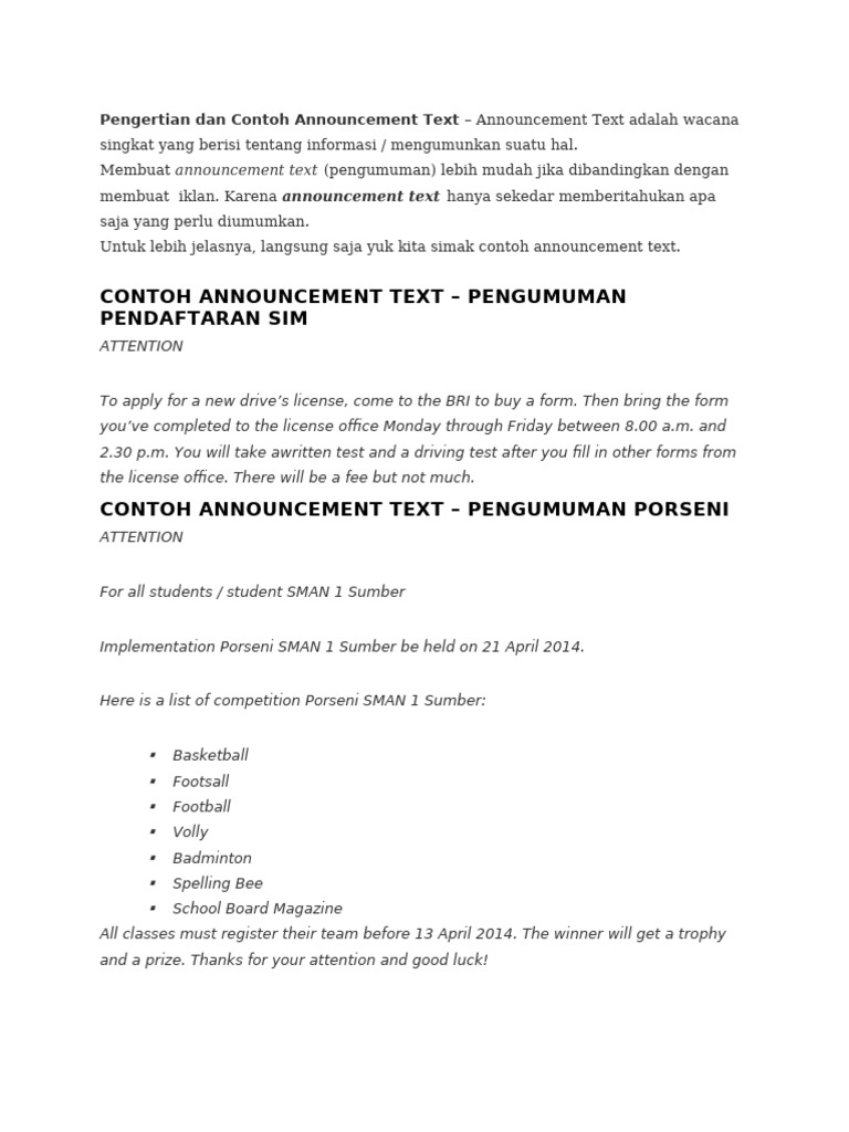 Pengertian dan Contoh Teks Announcement | PDF