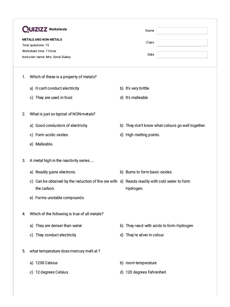 Metals and Non-Metals - Quizizz | PDF | Metals | Chemical Substances