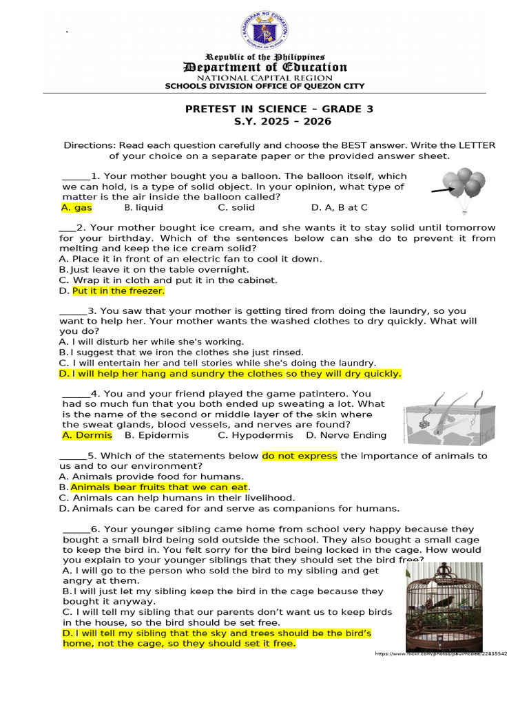 Grade 3 Science Pretest 2025-2026 | PDF | Sky