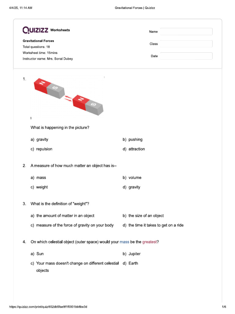 Gravitational Force Worksheet | PDF