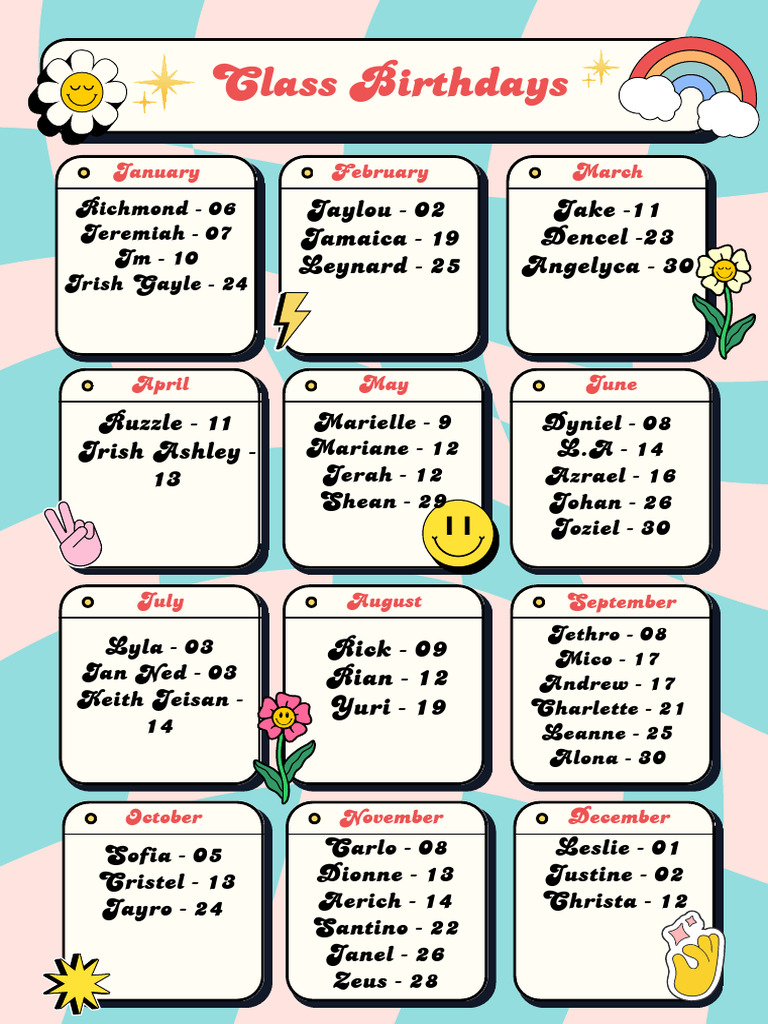 Class Birthdays Planner in Green Pink Retro Cute Style | PDF