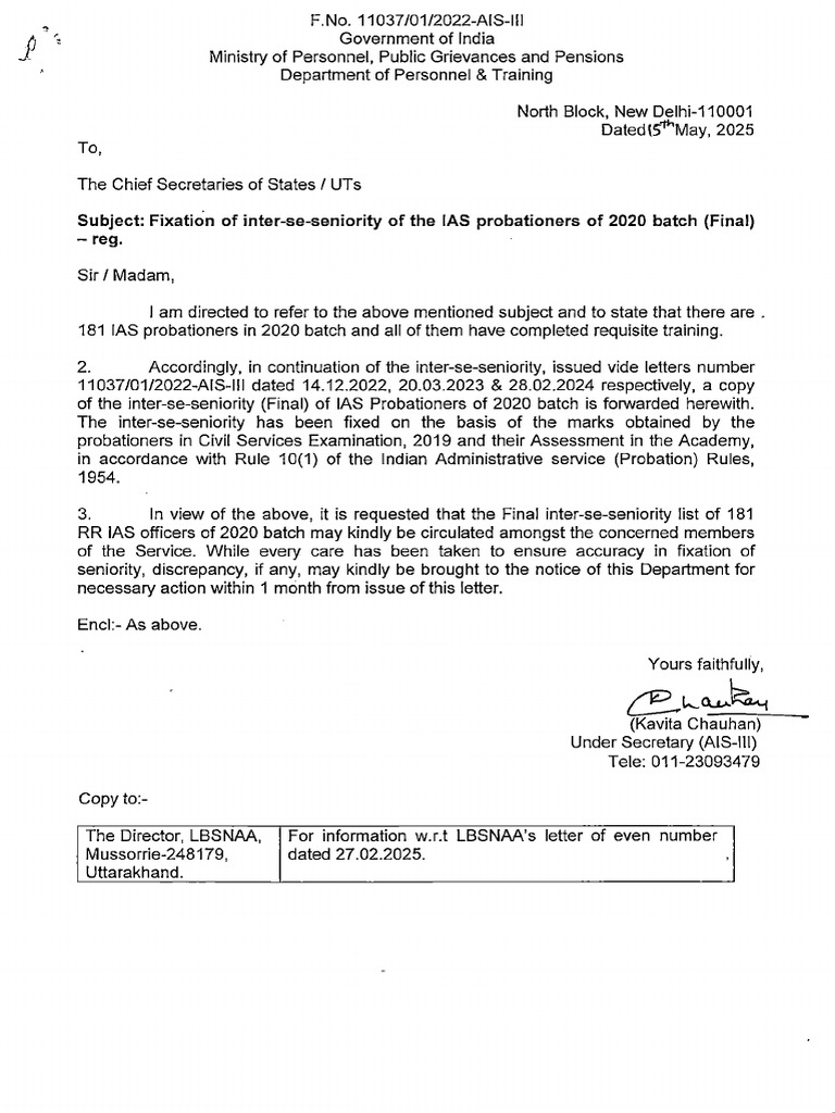 Inter-Se-Seniority of IAS 2020 Batch - Final | PDF