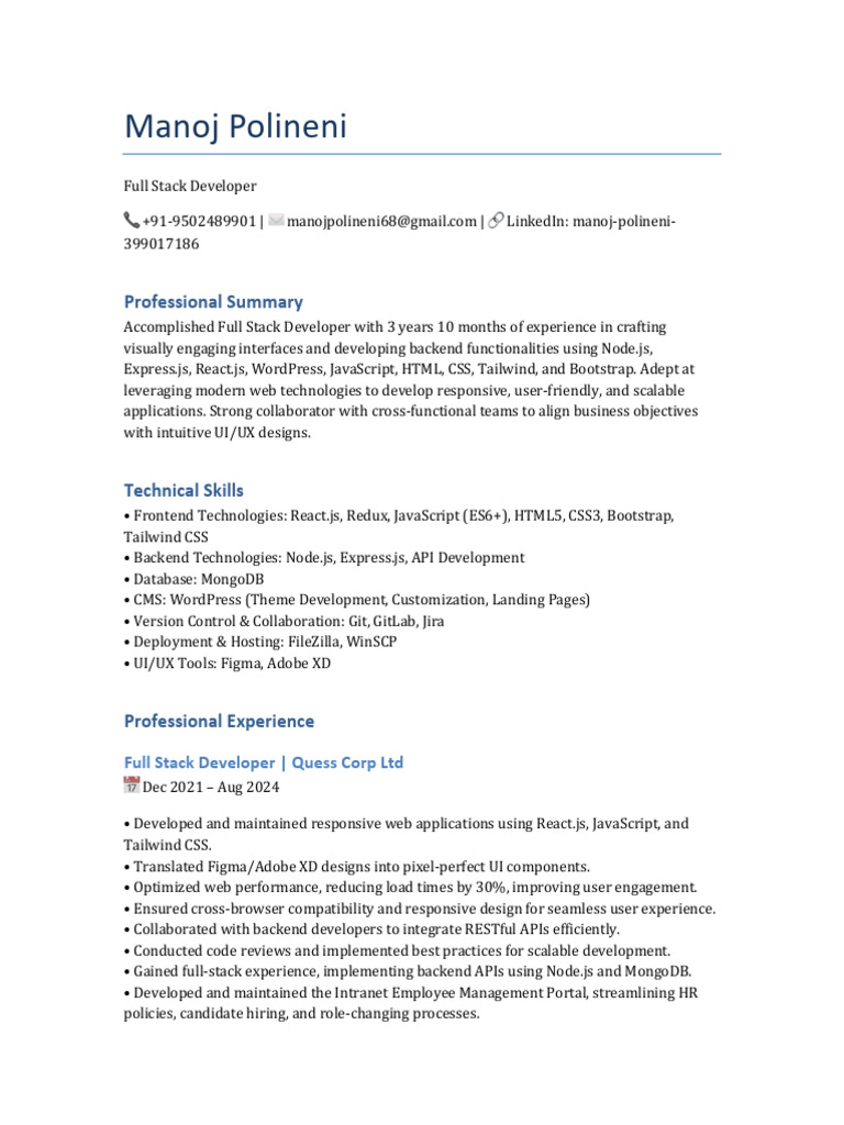 Manoj Polineni Fullstack Resume | PDF | Java Script | Bootstrap (Front End Framework)