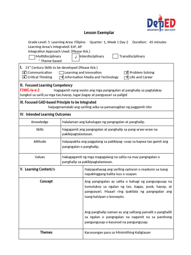 Pangngalan at Panghalip Lesson Exemplar in Filipino 5 | PDF