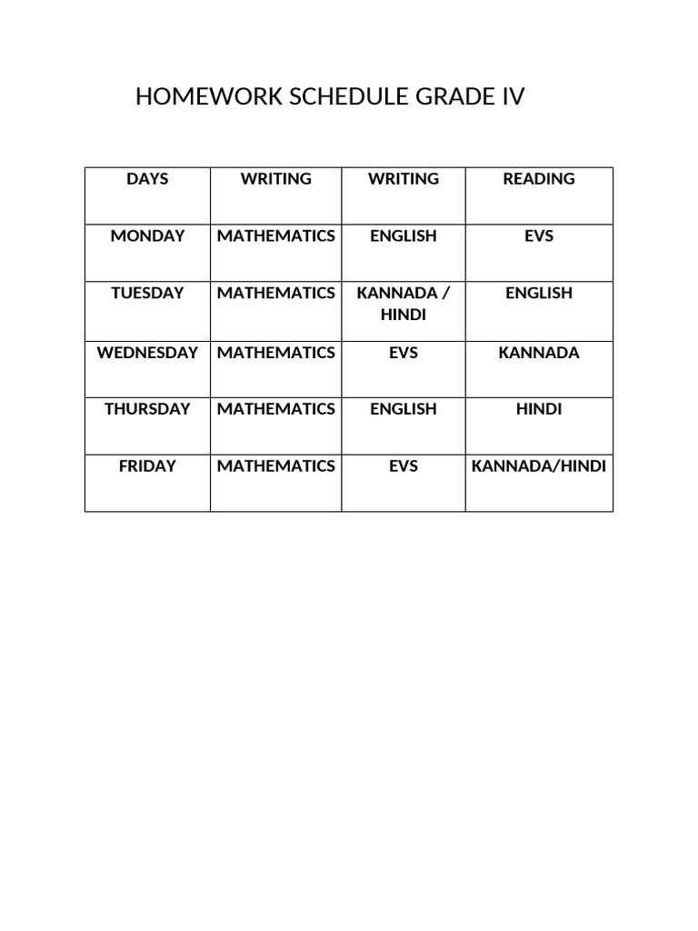 Grade IV Homework Schedule | PDF