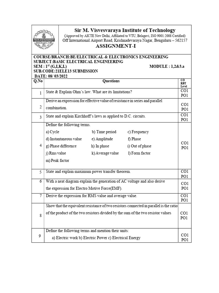 BEE Asignment - 1 | PDF | Power (Physics) | Resistor