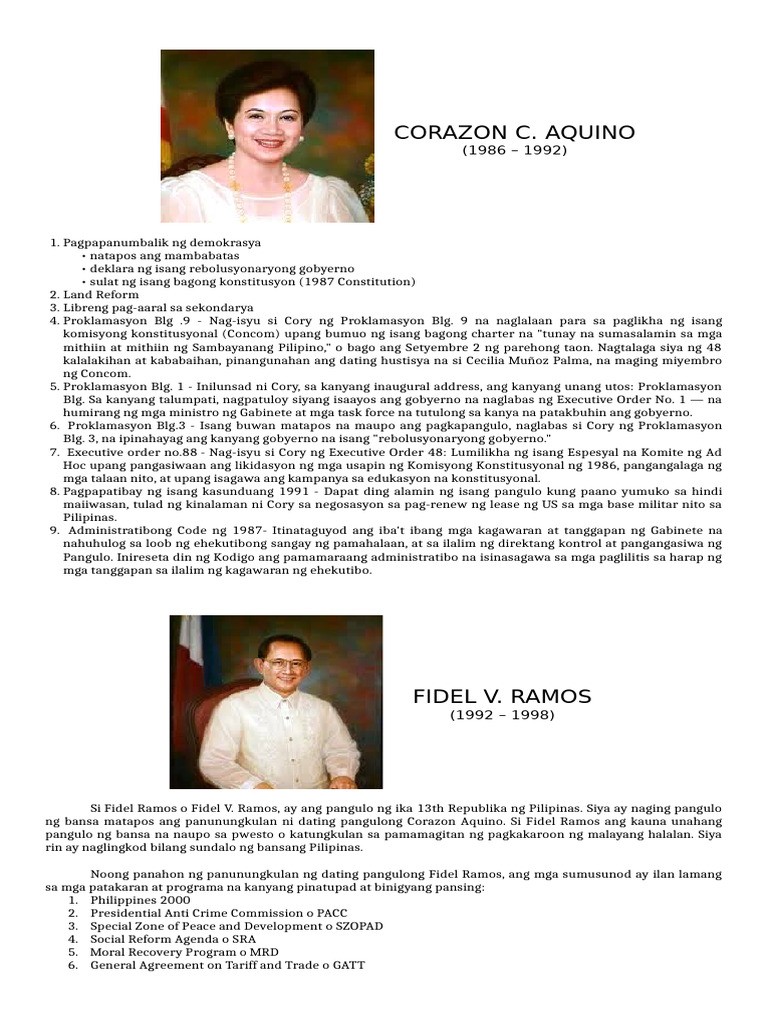 Mga Programa at Patakaran NG Mga Presidente NG Pilipinas Ver.4 | PDF