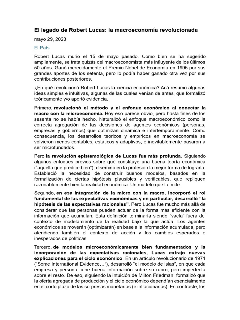 El Legado de Robert Lucas | PDF | Inflación | Macroeconómica