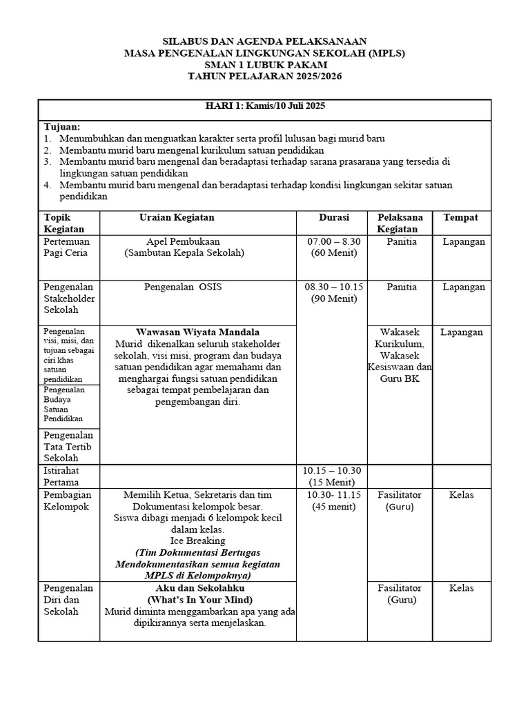 Silabus Dan Agenda Pelaksanaan MPLS Sman 1 Lubuk Pakam | PDF