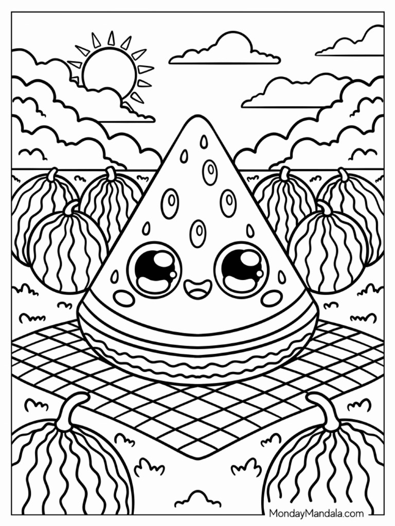 Sunlit Watermelon Slice On A Summer Picnic Blanket Coloring Page For ...