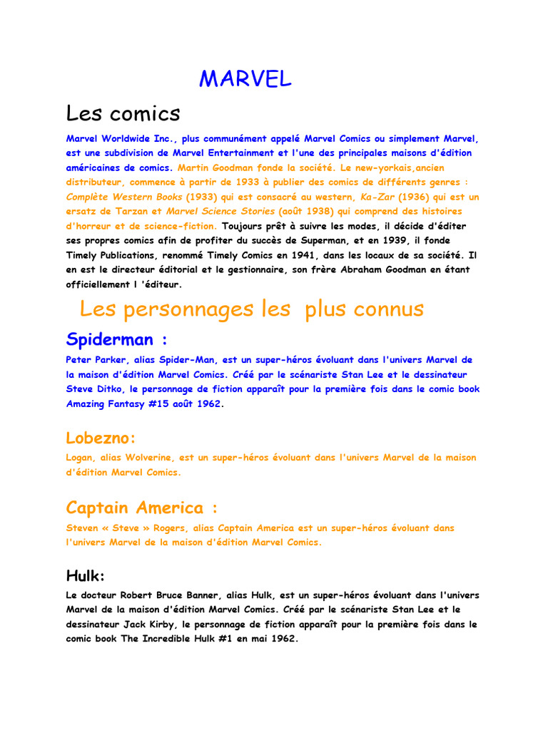 Histoire et personnages des comics Marvel | PDF | Marvel Comics | Super ...