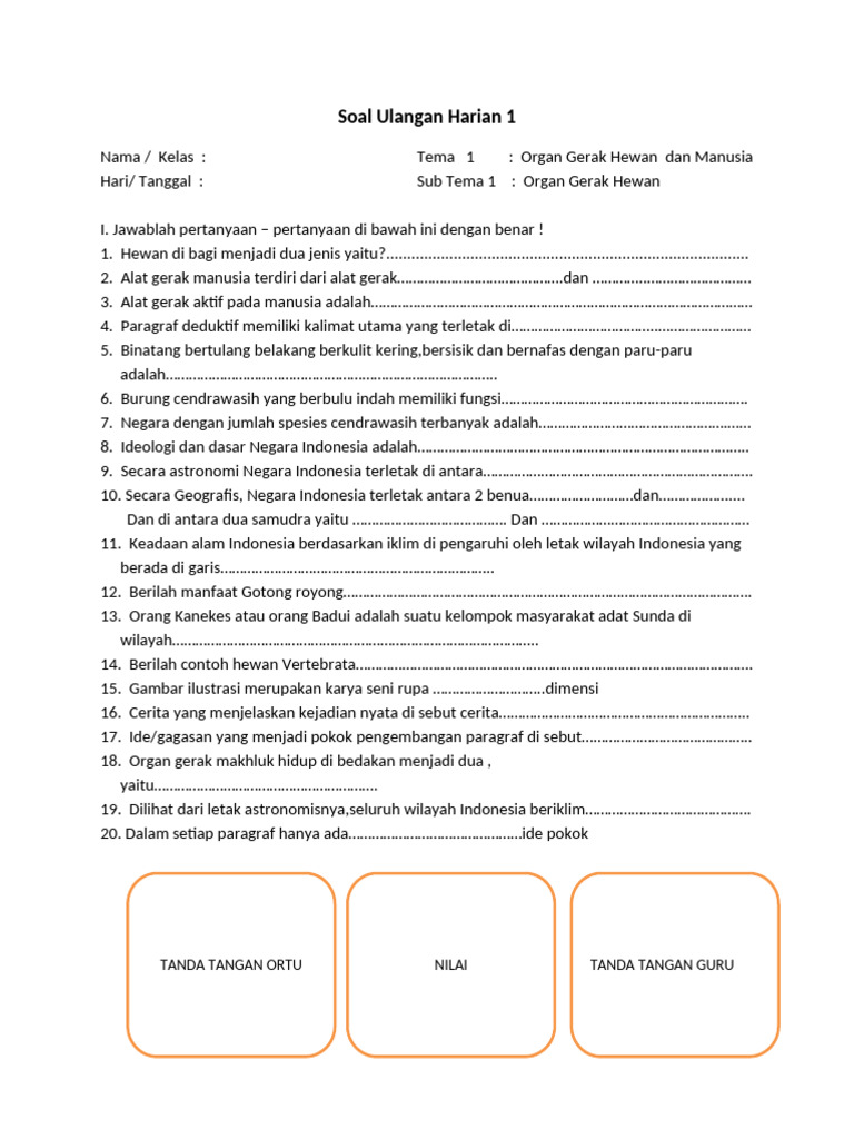 UH KELAS 5 TEMA 1 SUB TEMA 1 | PDF
