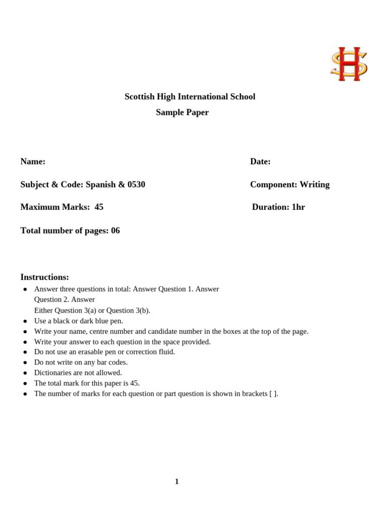 Sample Paper 1 Spanish Paper 4 (Writing) | PDF