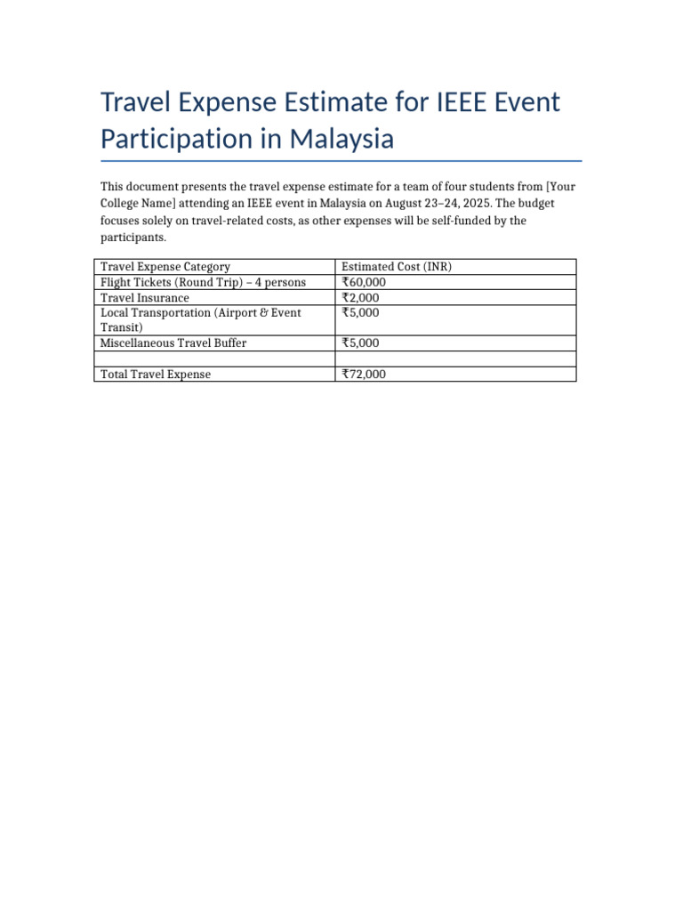 Travel Expense Estimate IEEE Malaysia | PDF