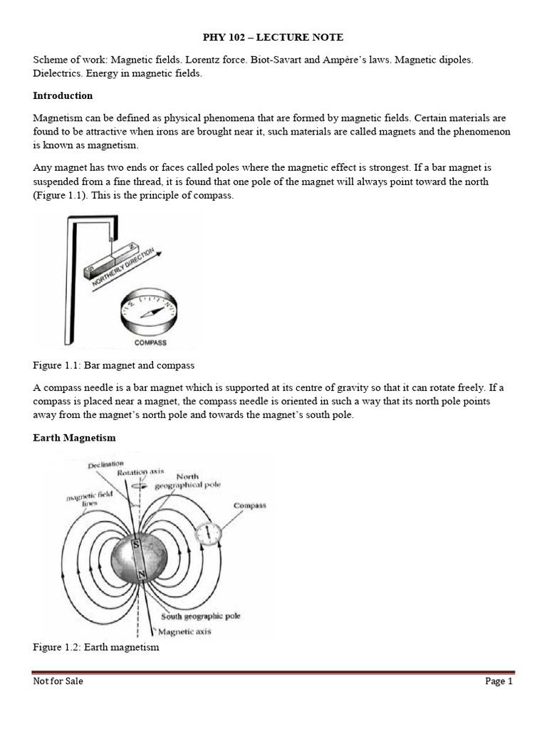PHY 102 - Lecture Note - Magnetism | PDF | Magnetic Field | Magnetism