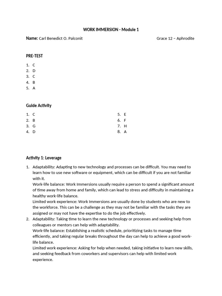 Work Immersion Module 1 Overview | PDF | Learning | Knowledge