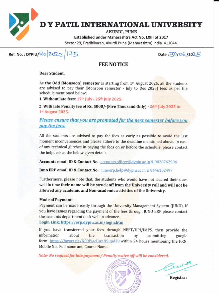 Odd Semester Fee Notice - 20250630 - 0001 | PDF | Payments | Services (Economics)