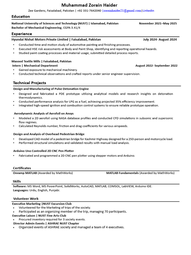 Resume Zorain Haider | PDF | Mechanical Engineering