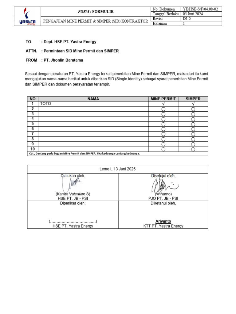 Form Pengajuan SID Mine Permit Dan Simper PT. JB - PSI 13 Juni 2025 III ...