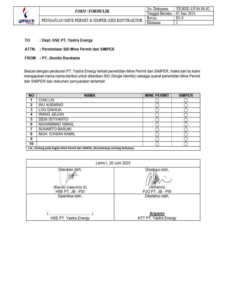 Form Pengajuan SID Mine Permit Dan Simper PT. JB - PSI 20 Juni 2025 | PDF
