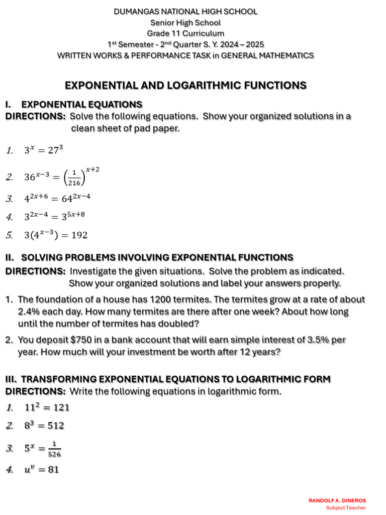 Written and Performance Task - Exponential and Logarithmic Functions ...