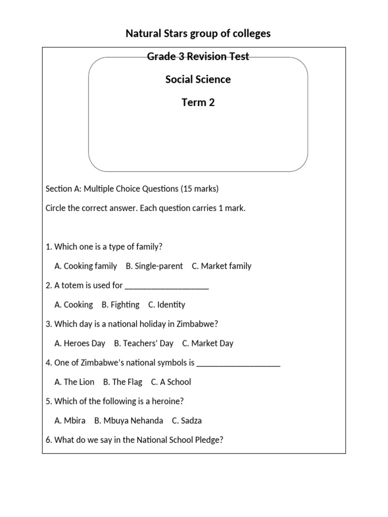 Grade 3 Social Science Revision Test | PDF | Zimbabwe