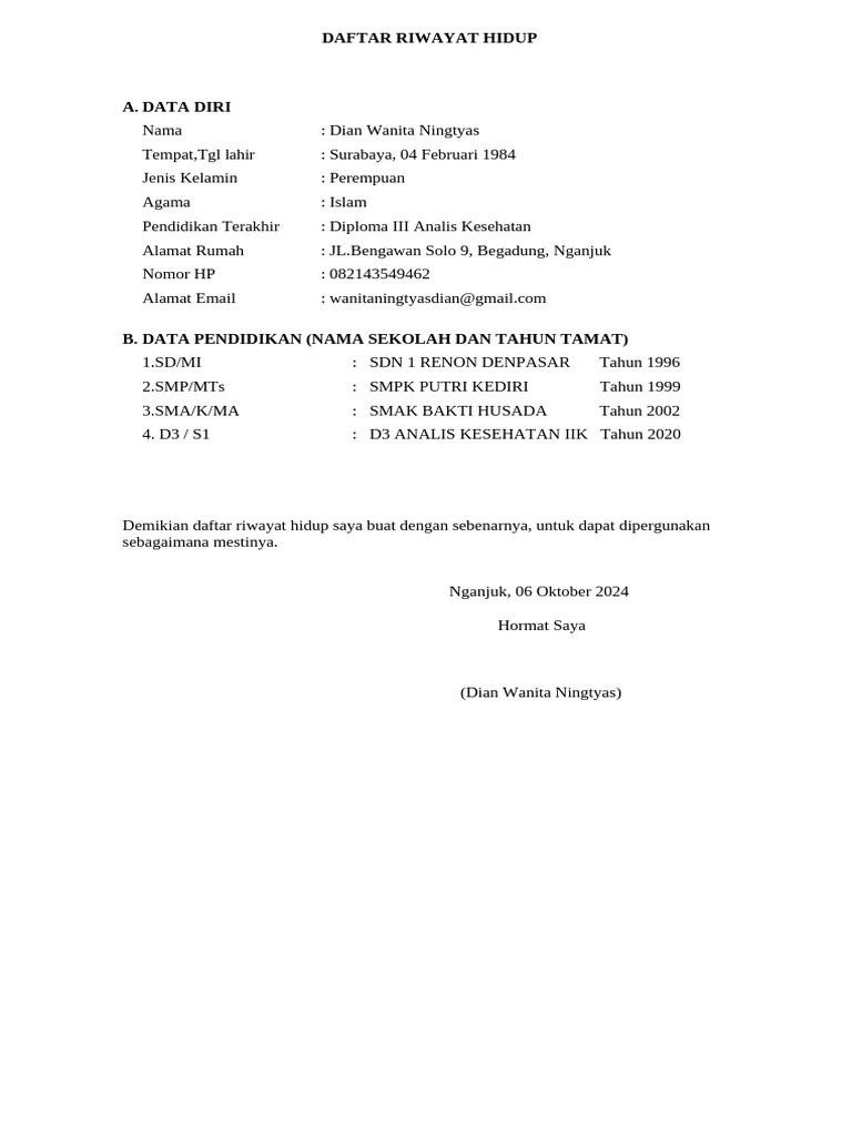 CV Dian Wanita Ningtyas 2024 | PDF