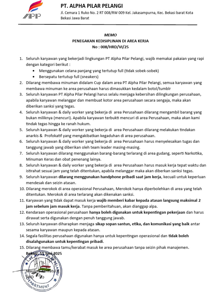 Memo Kedisiplinan All Employee WH | PDF