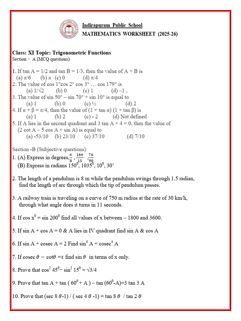 Trigonometric Functions Worksheet XI | PDF
