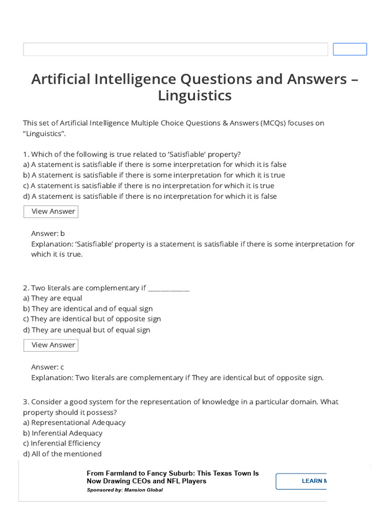 Linguistics - Artificial Intelligence Questions and Answers - Sanfoundry | PDF | Inference ...