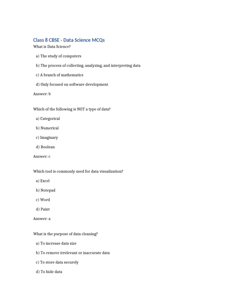 Class 8 CBSE Data Science MCQs Detailed | PDF | Data | Data Science
