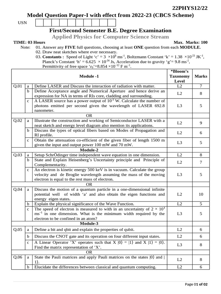 BPHYS102-202 Question Papers | PDF | Electron | Laser