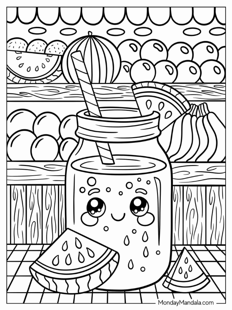 Fruit Stand With Happy Mason Jar and Watermelon Slices Coloring Page ...