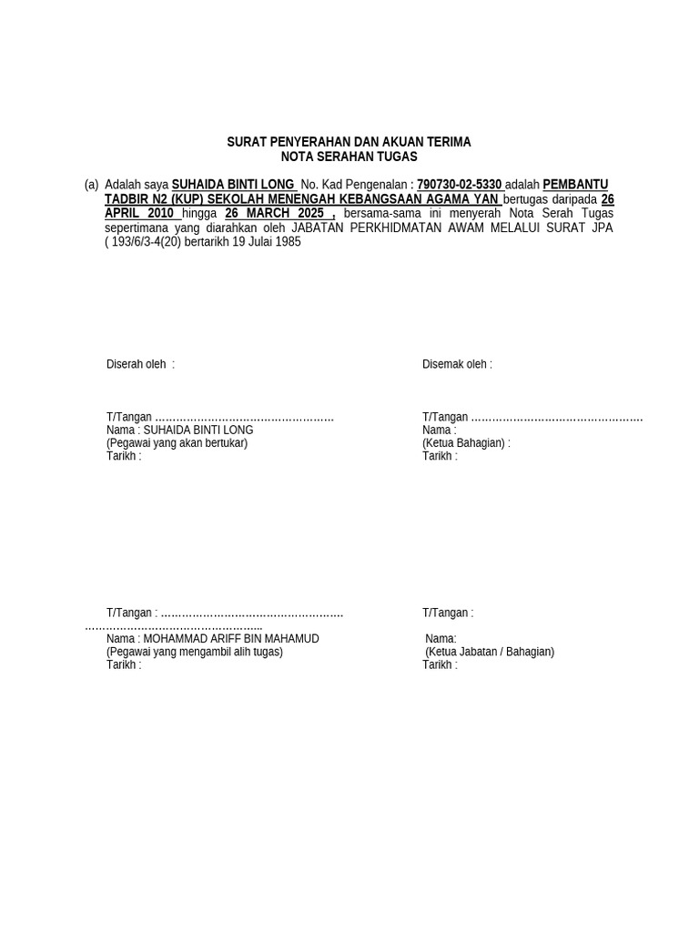 Nota Serah Tugas Suhaida | PDF