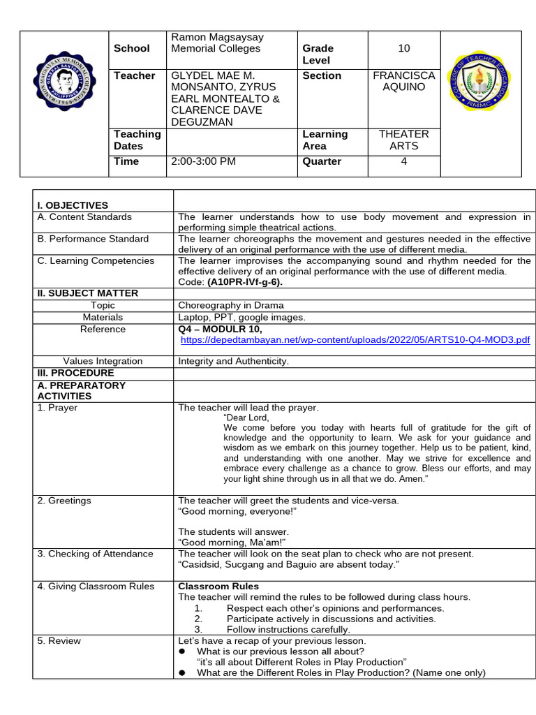 Final-Demo Lesson-Plan Drama4 | PDF | Dances | Choreography