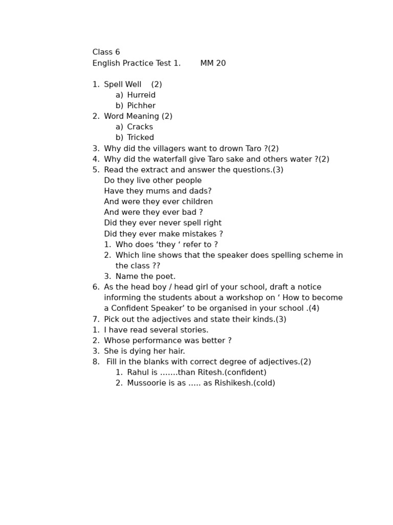 Class 6 Practice Test 1 | PDF