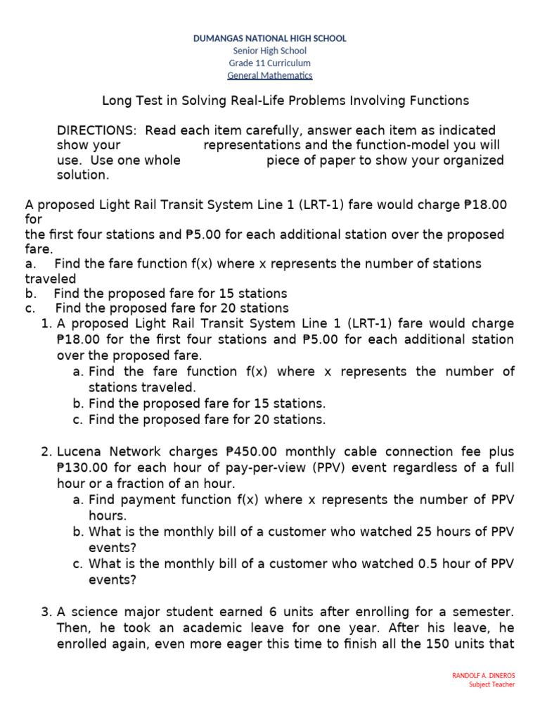 Grade 11 Math: Functions & Real-Life Problems | PDF