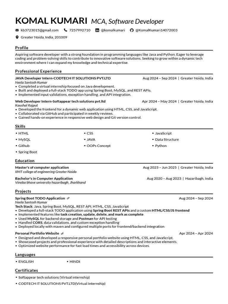 KOMAL KUMARI Resume 1 Komal Kumari | PDF | Java Script | Java (Programming Language)