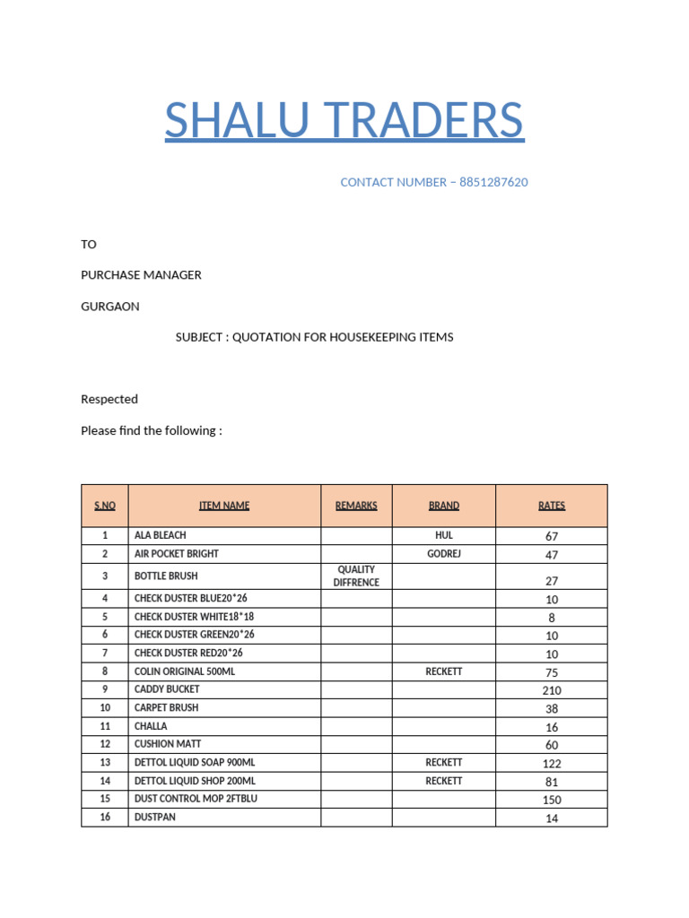 Housekeeping Items Quotation List | PDF | Cleaning