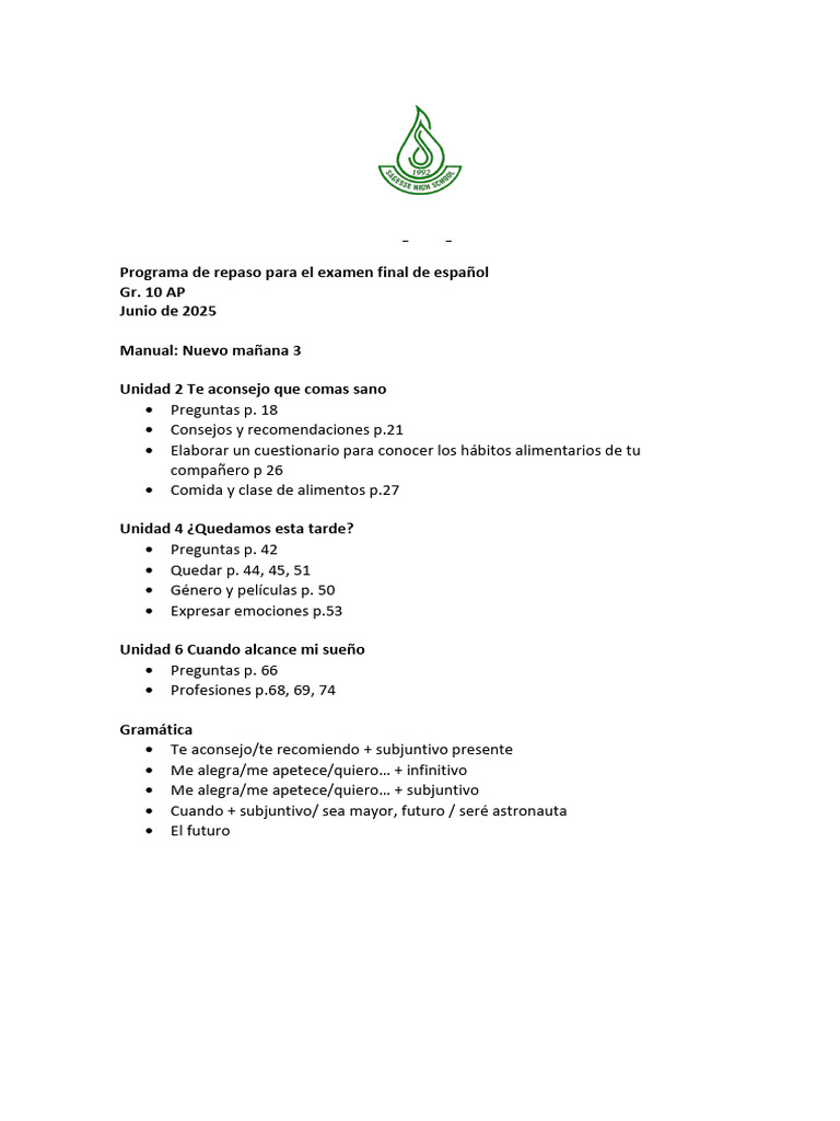 Repaso Examen Final Español Gr. 10 AP | PDF