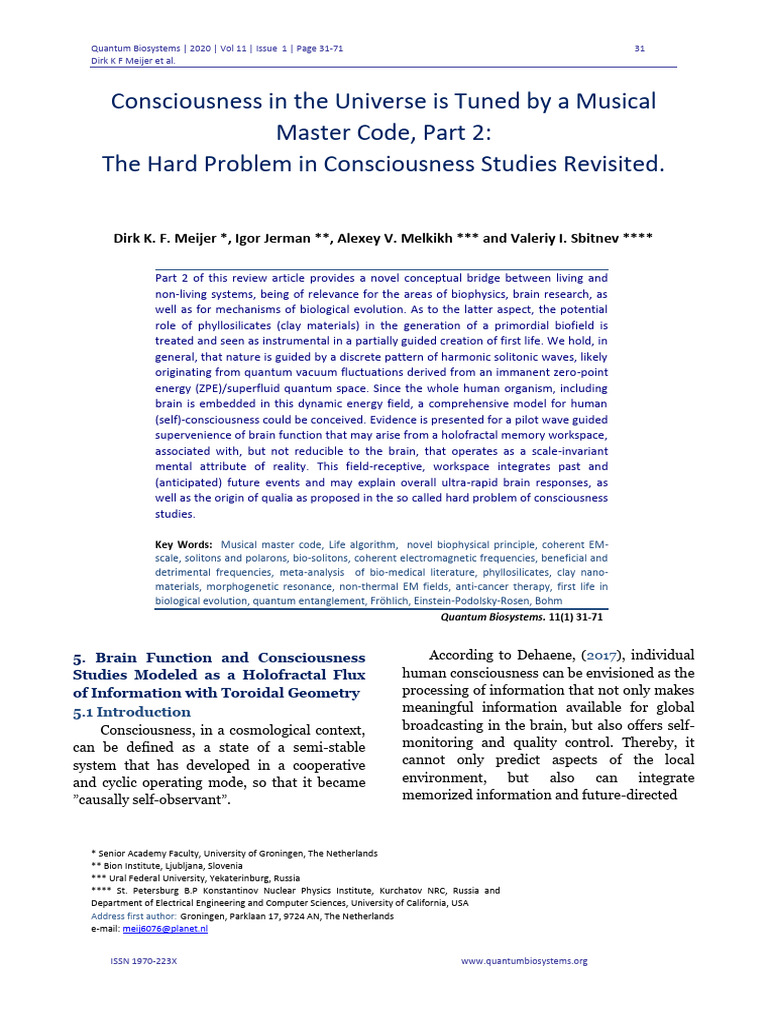 D Meijer - Consciousness in The Universe Is Tuned by A Musical Master Code. Part 2. The Hard ...
