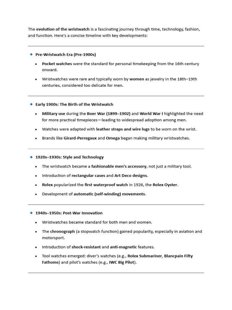 History and Evolution of Wristwatches | PDF | Watch | Portable Tools