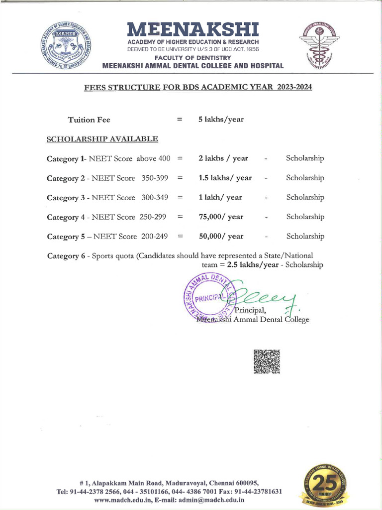 BDS Fees Structure 2023 2024 Revised | PDF