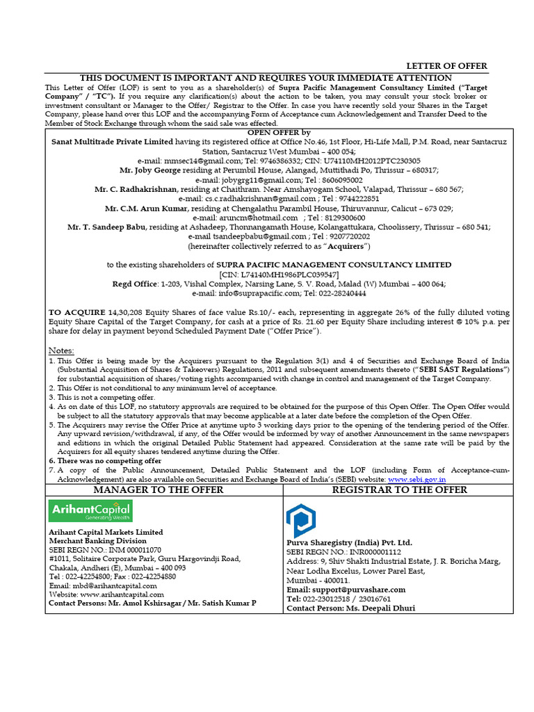 Open Offer for Supra Pacific Shares | PDF | Equity (Finance) | Balance ...
