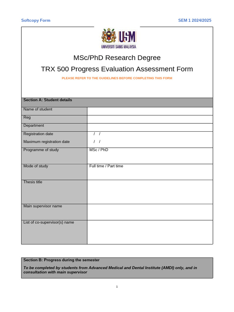 TRX500 Progress Evaluation Assessment Form SEM 1 2024.2025 - nonAMDI | PDF | Doctor Of ...