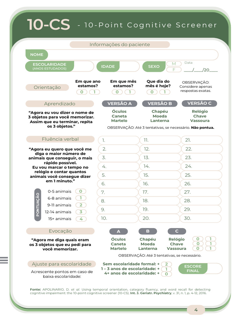 Avaliação do 10-Point Cognitive Screener | PDF