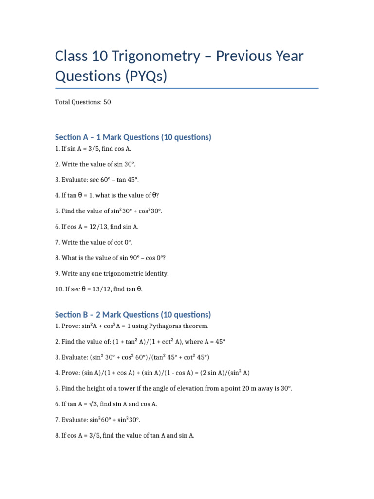 Trigonometry Class10 PYQ | PDF | Trigonometry | Elementary Geometry