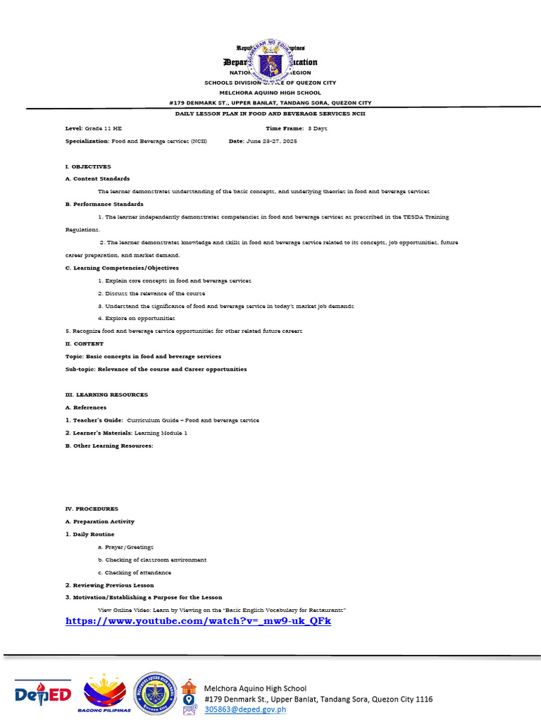 FBS DLP in Basic Concept in FBS | PDF | Restaurants | Learning