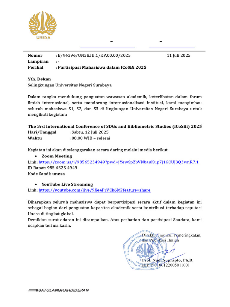 Undangan Partisipasi Mahasiswa Dalam ICoSBi 2025 | PDF