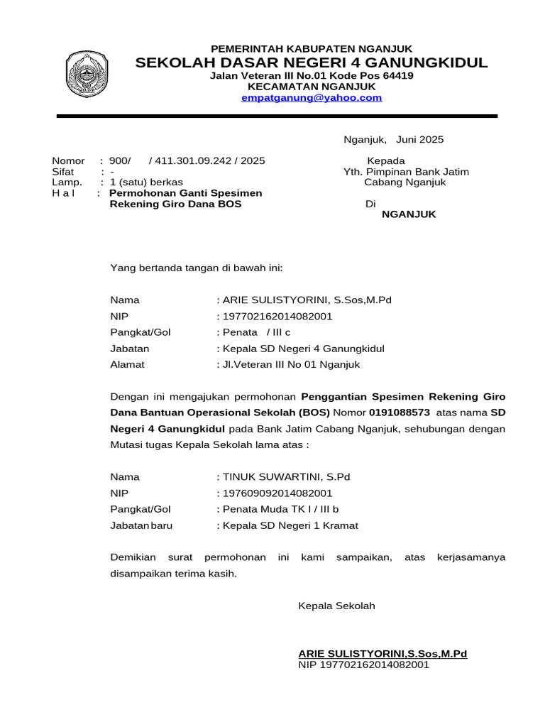 Surat Permohonan Ganti Spesimen - 4 Ganung | PDF